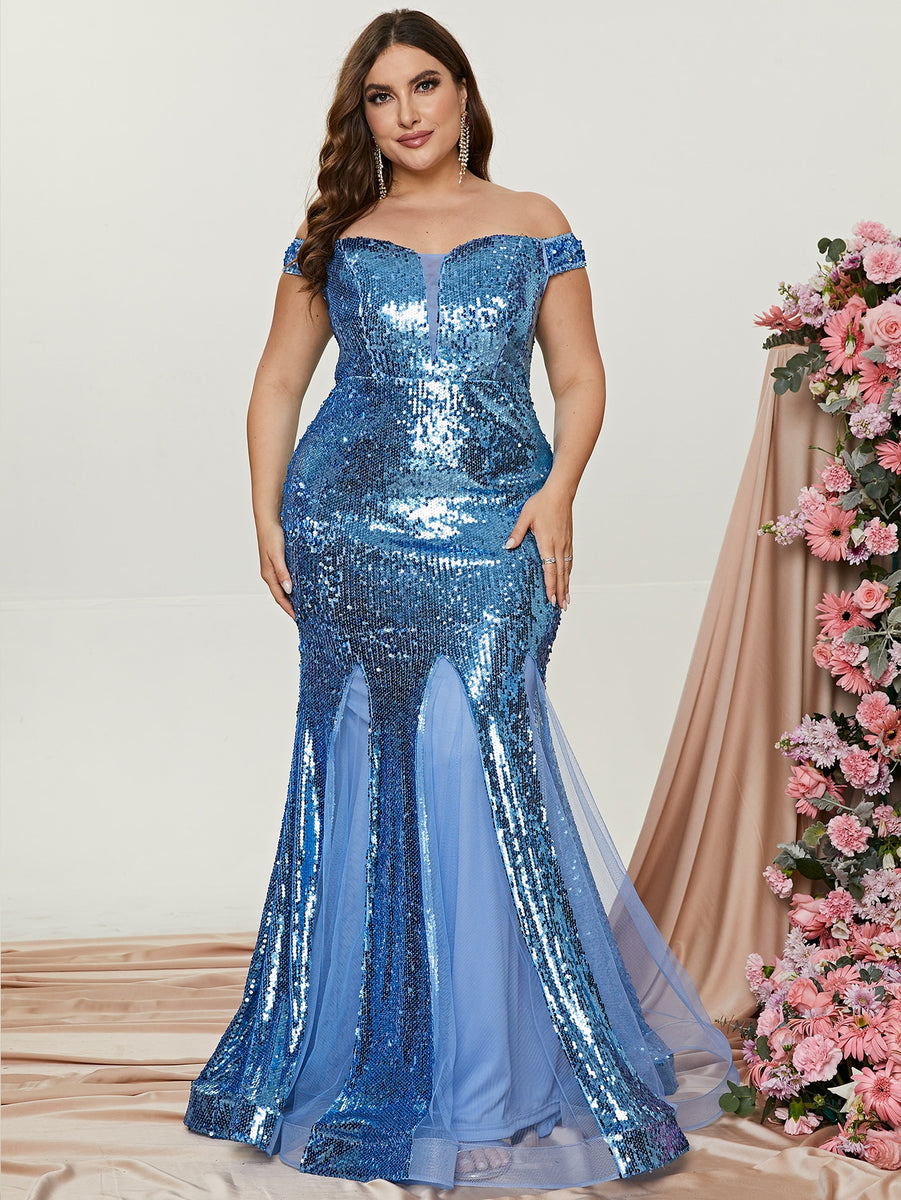 Plus Off Shoulder Sweetheart Mesh Insert Sequin Mermaid Dress – Faeriesty