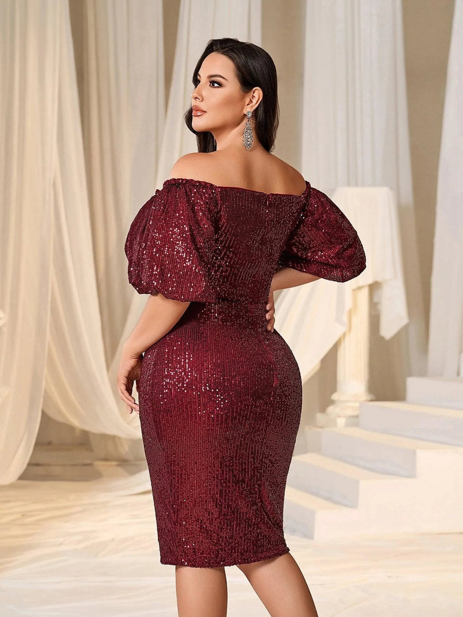 Plus Off Shoulder Puff Sleeves Sequin Midi Dress – Faeriesty