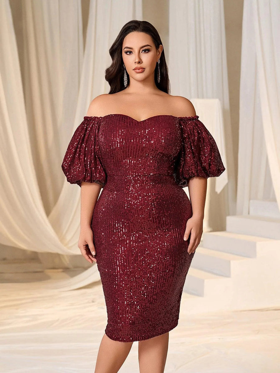 Plus Off Shoulder Puff Sleeves Sequin Midi Dress – Faeriesty