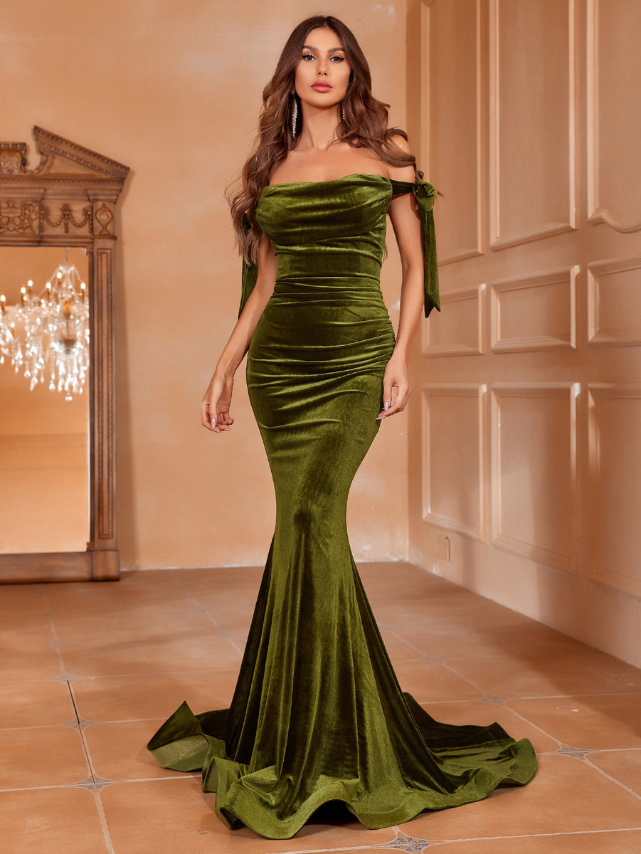 Elegant Off Shoulder Knot Side Velvet Mermaid Dress – Faeriesty