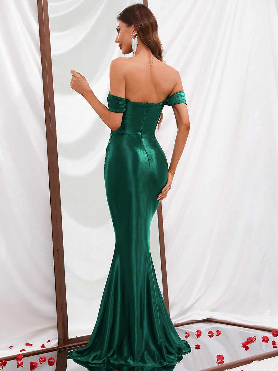 Elegant Pleated Off Shoulder Satin Mermaid Dresses – Faeriesty