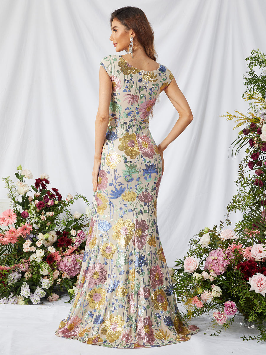 Elegant Strap Sleeveless Floral Sequins Slit Prom Dresses – Faeriesty