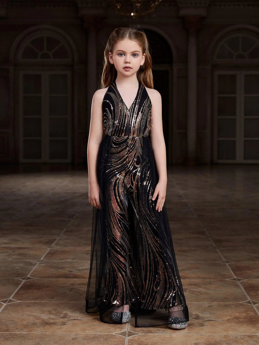 Tween Girls' Halter Neck Backless Mesh Overlay Sequin Jumpsuit – Faeriesty