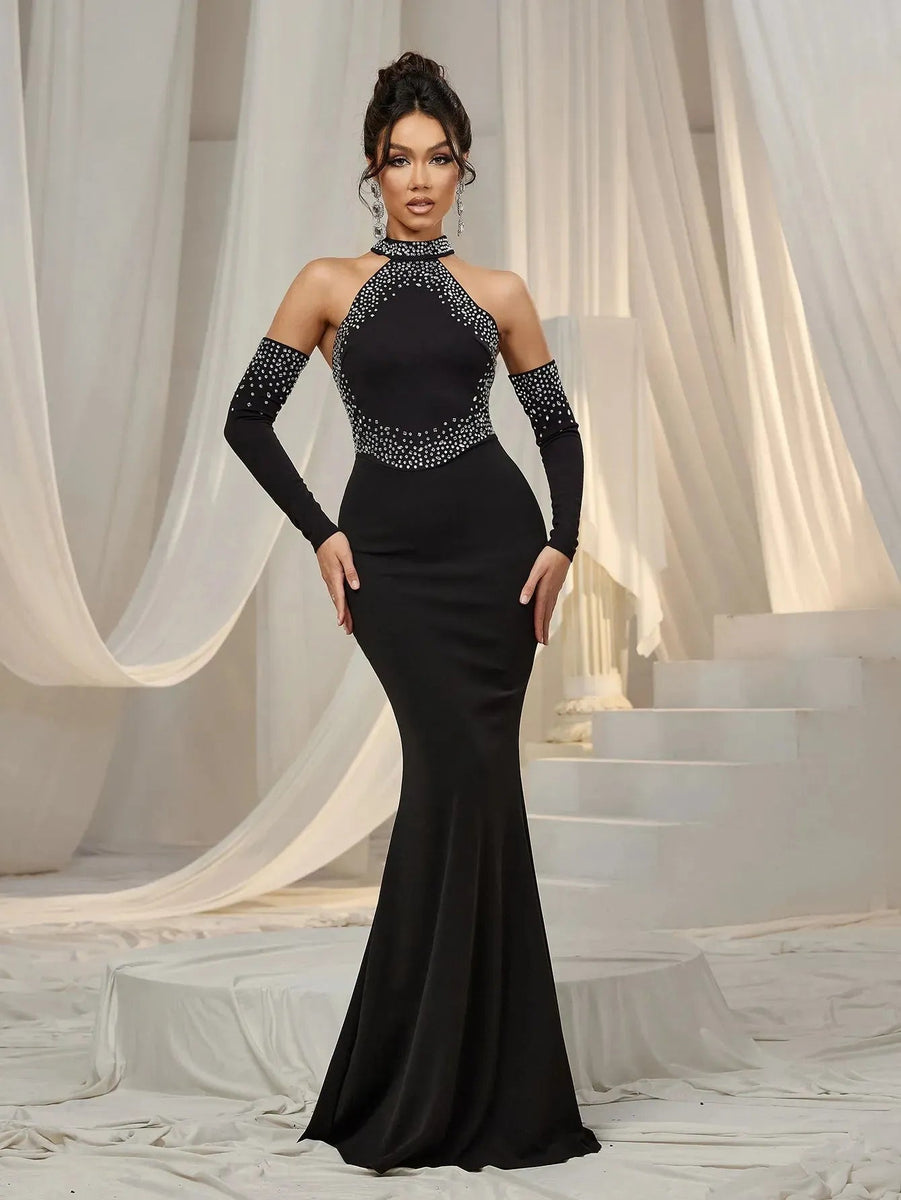 Elegant Rhinestone Detail Halter Neck Mermaid Hem Evening Dress – Faeriesty