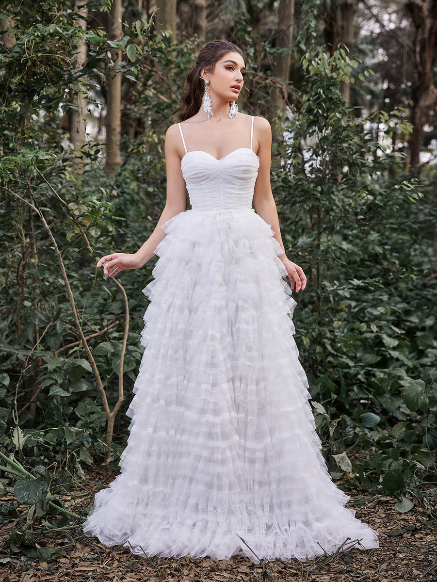 Gorgeous Lace Up Back Cascading Ruffle Hem Slip Wedding Dress – Faeriesty