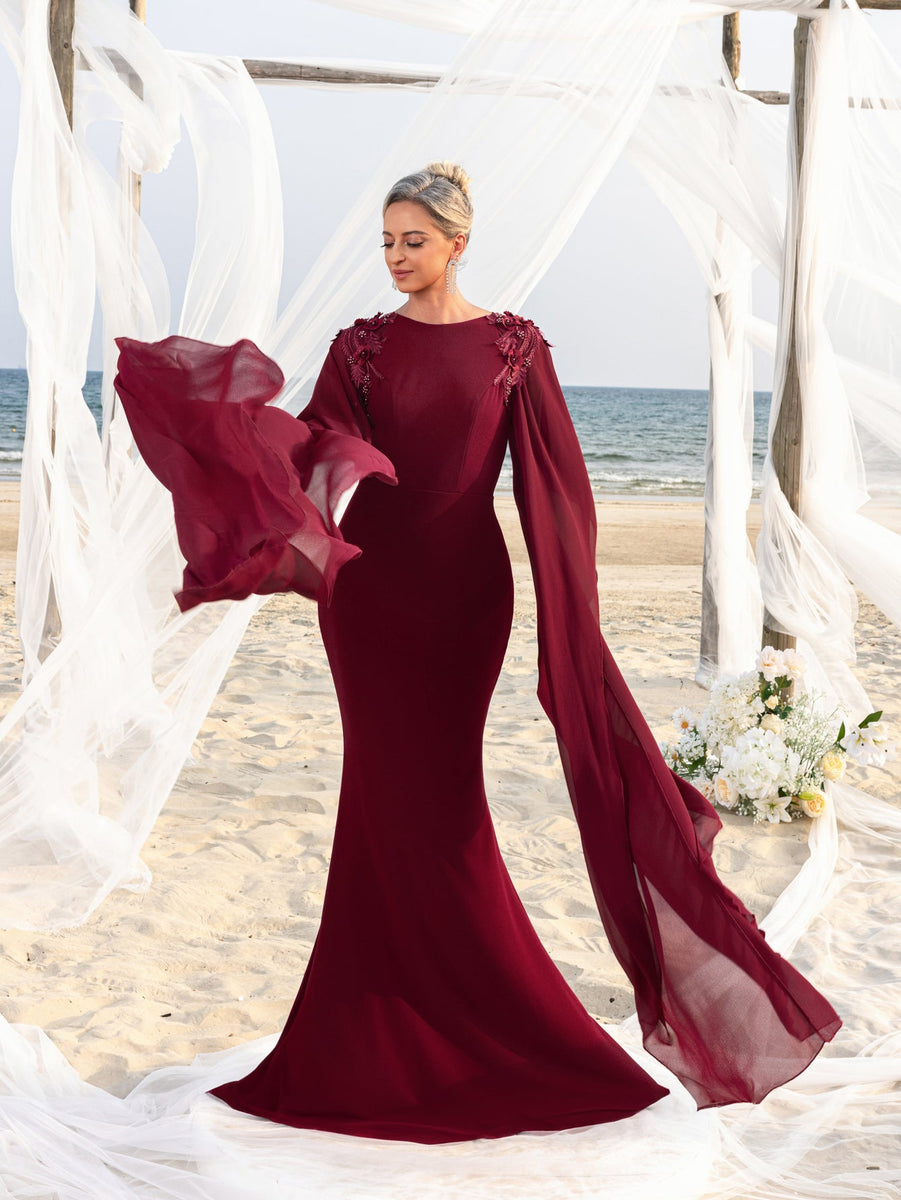 Womens' Mermaid Silhouette Formal Dress with Flared Chiffon Sleeves ...