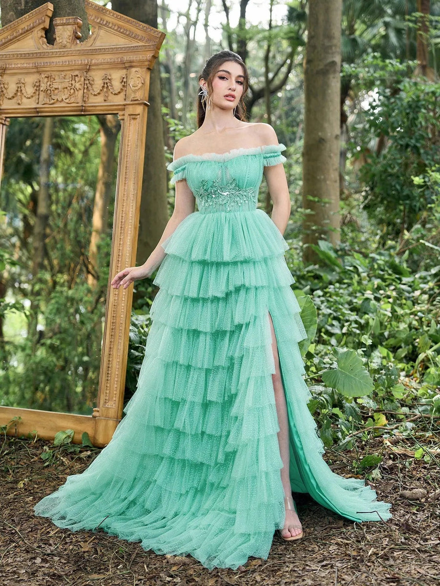 Gorgeous Off Shoulder Applique Detail Bodice Cascading Ruffle Hem Pro ...