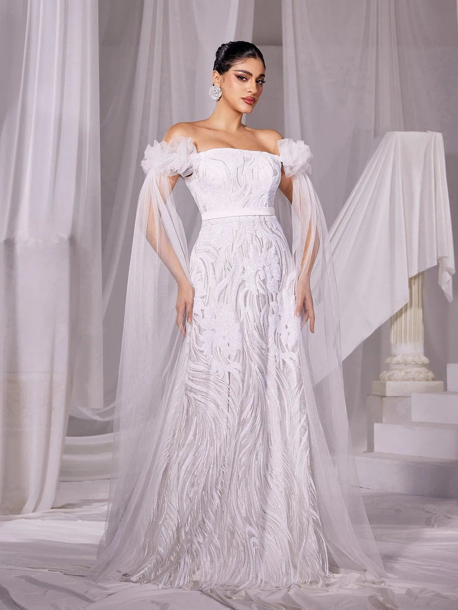 Elegant Off Shoulder Cloak Sleeves Wedding Dress – Faeriesty
