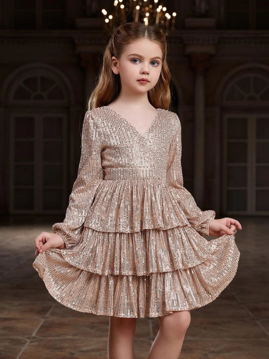 Tween Girls' Backless V Neck Layered Hem Sequin Party Dress – Faeriesty