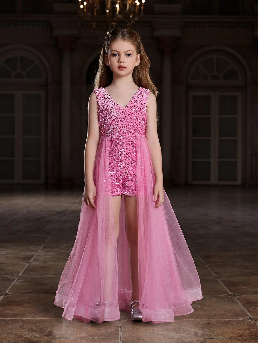 Tween Girls' V Neck Sleeveless Mesh Overlay Sequin Romper – Faeriesty