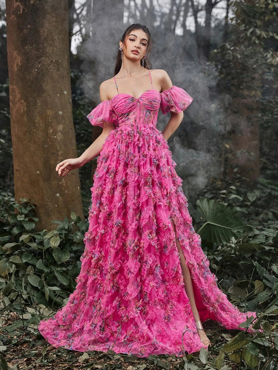 Floral Tulle Off Shoulder Cascading Ruffle Hem Slip Prom Dress – Faeriesty