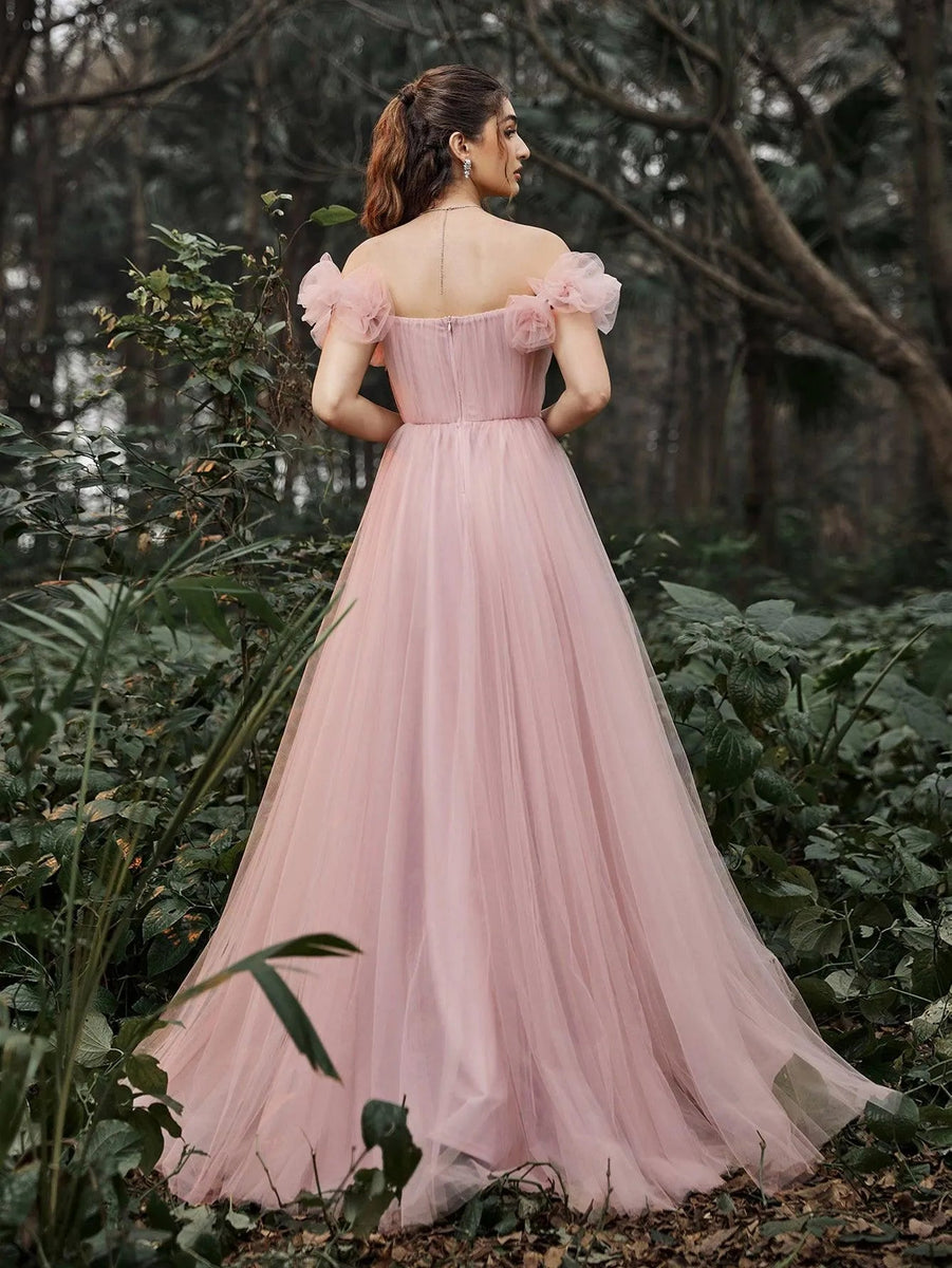 Elegant Off Shoulder Ruched Bust Split Thigh Tulle Evening Dress ...