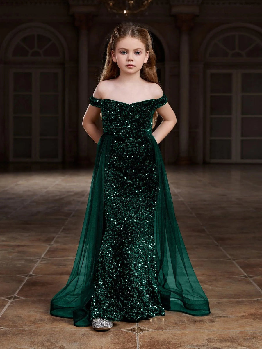 Tween Girls' Off Shoulder Mesh Overlay Sequined Prom Dress – Faeriesty