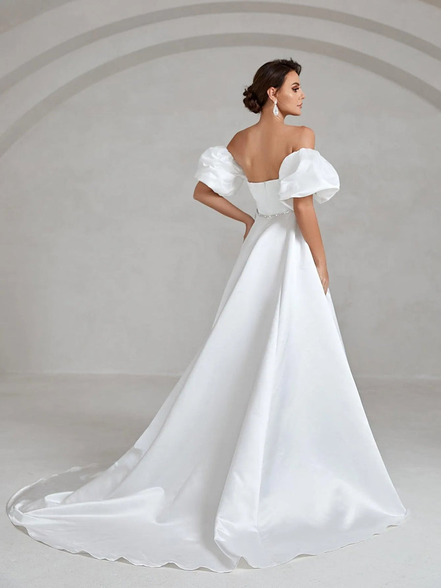 Puff Sleeve Rhinestone Waistband Satin Tube Wedding Dress – Faeriesty