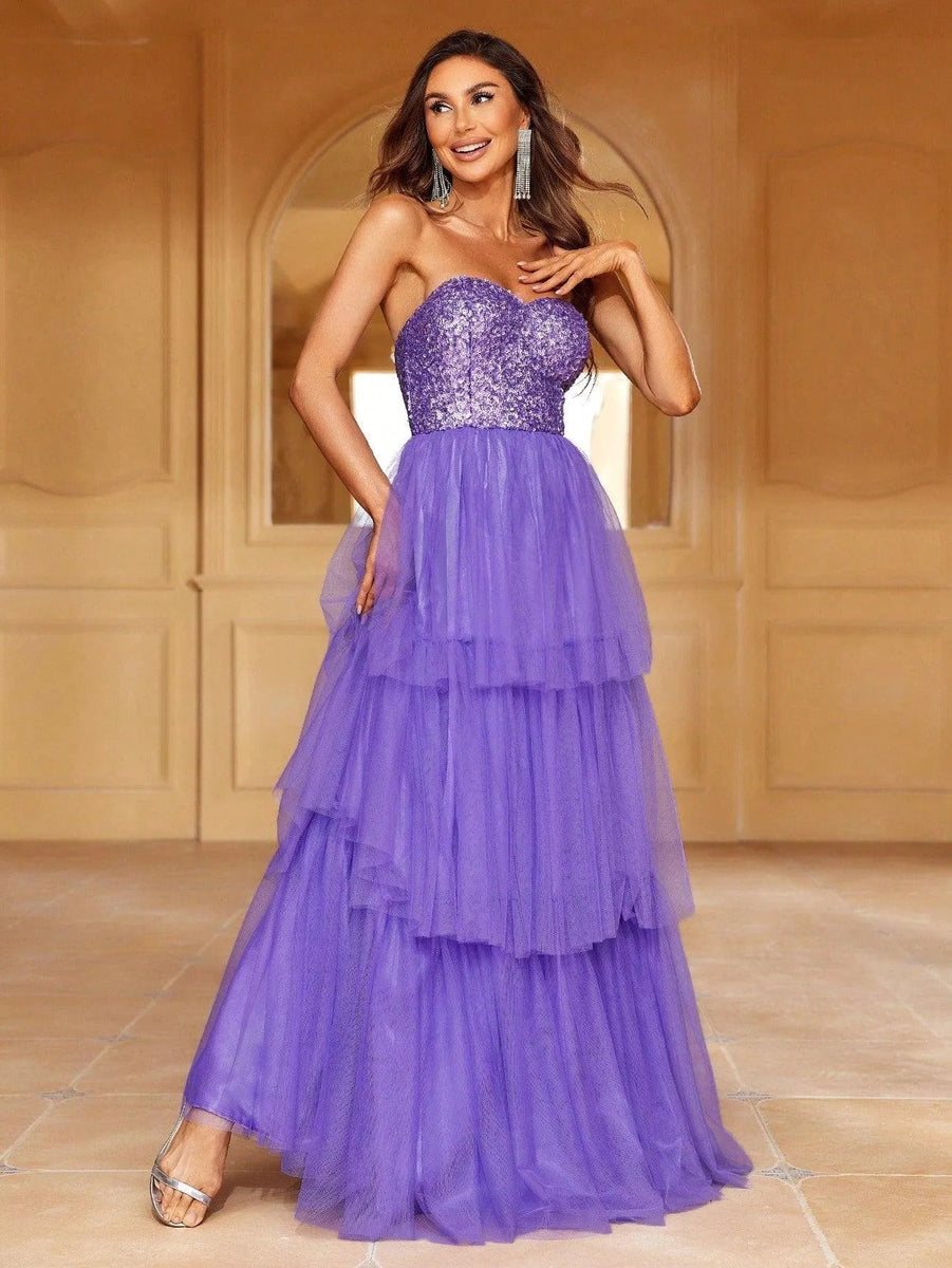 Elegant Mesh Layered Hem Sequin Tube Party Dress – Faeriesty