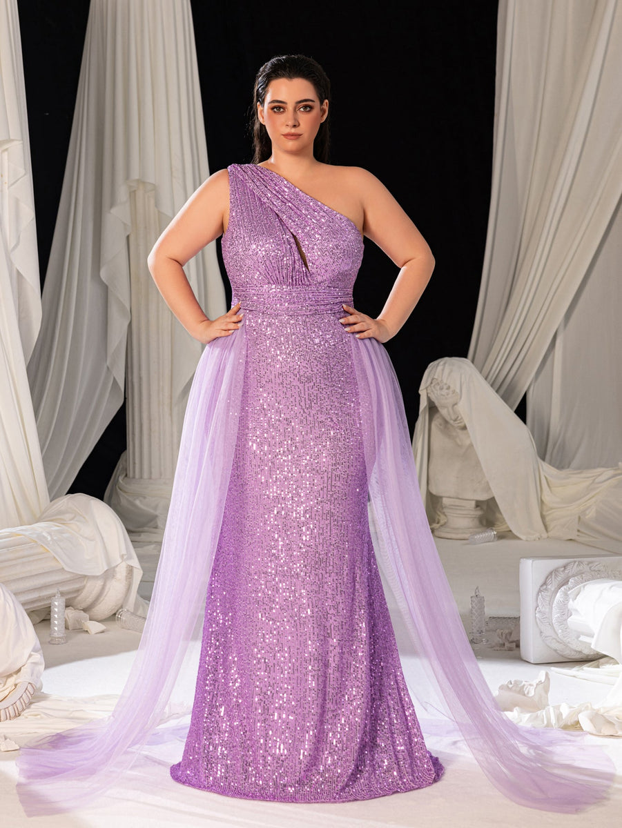 Plus One Shoulder Sleeveless Mesh Overlay Sequin Formal Dress Evening ...