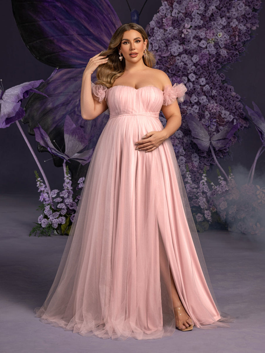 Plus Maternity Off Shoulder Ruched Bust Split Tulle Evening Dress ...