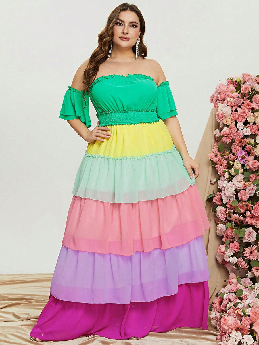 Plus Off Shoulder Ruffle Sleeve Color Block Chiffon Layered Dresses ...