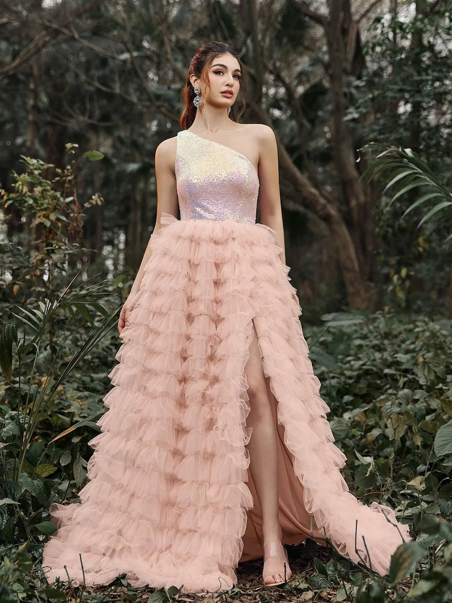 Elegant One Shoulder Cascading Ruffle Hem Slip Prom Dress – Faeriesty