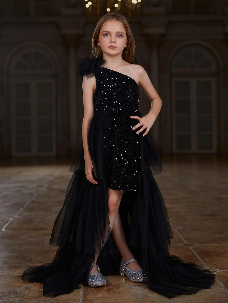 Tween Girls' One Shoulder Mesh Layered Hem Sequin Dress – Faeriesty