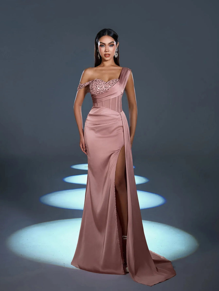 Elegant Asymmetrical Neck Split Mermaid Hem Satin Evening Dress – Faeriesty