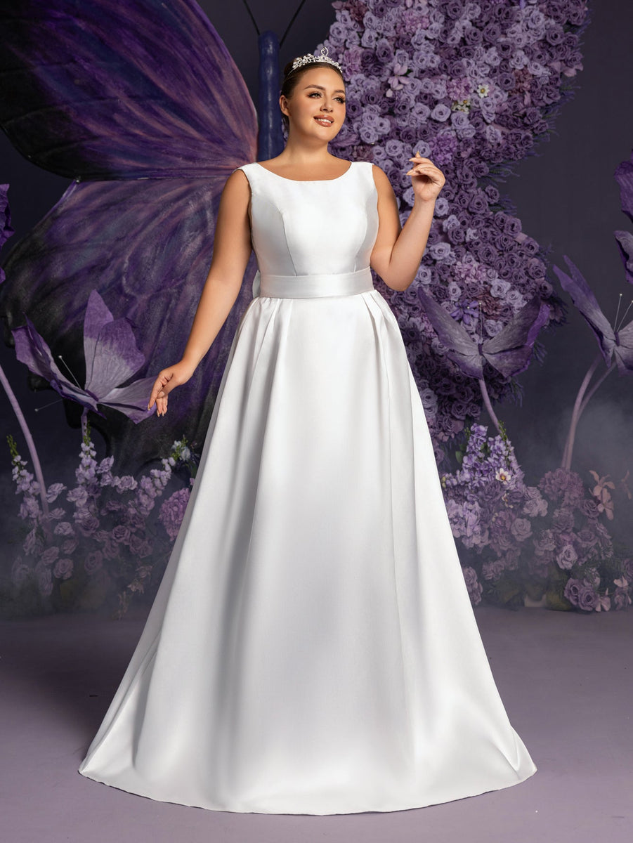 Plus Boat Neck Backless Satin A-line Wedding Dress – Faeriesty