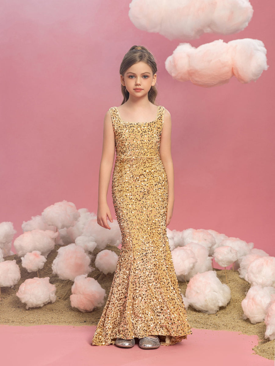 Tween Girls' Square Neck Sleeveless Mermaid Hem Sequin Party Dress ...
