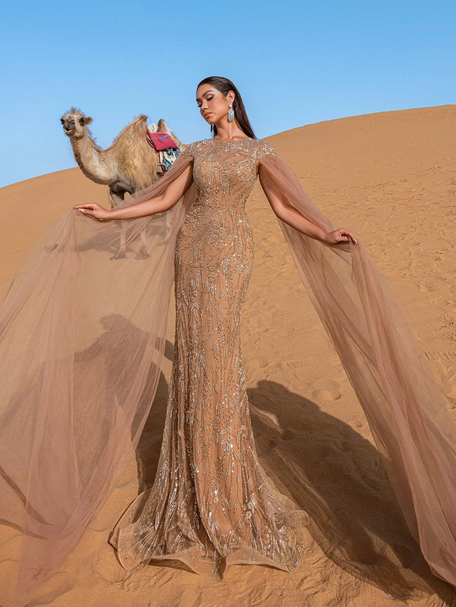 Luxury Gorgeous Round Neck Cloak Sleeves Mermaid Hem Beaded Evening Dr ...