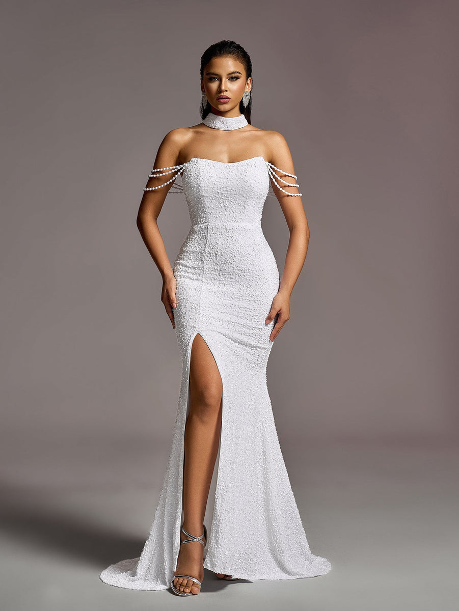 Elegant Beaded Chain Detail Split Thigh Mermaid Hem Sequin Wedding Dr ...