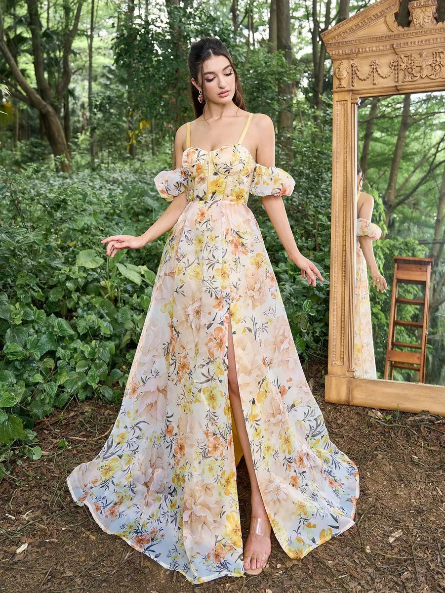 Elegant Off Shoulder Puff Sleeves Floral Printed Organza Slip Prom Dr ...