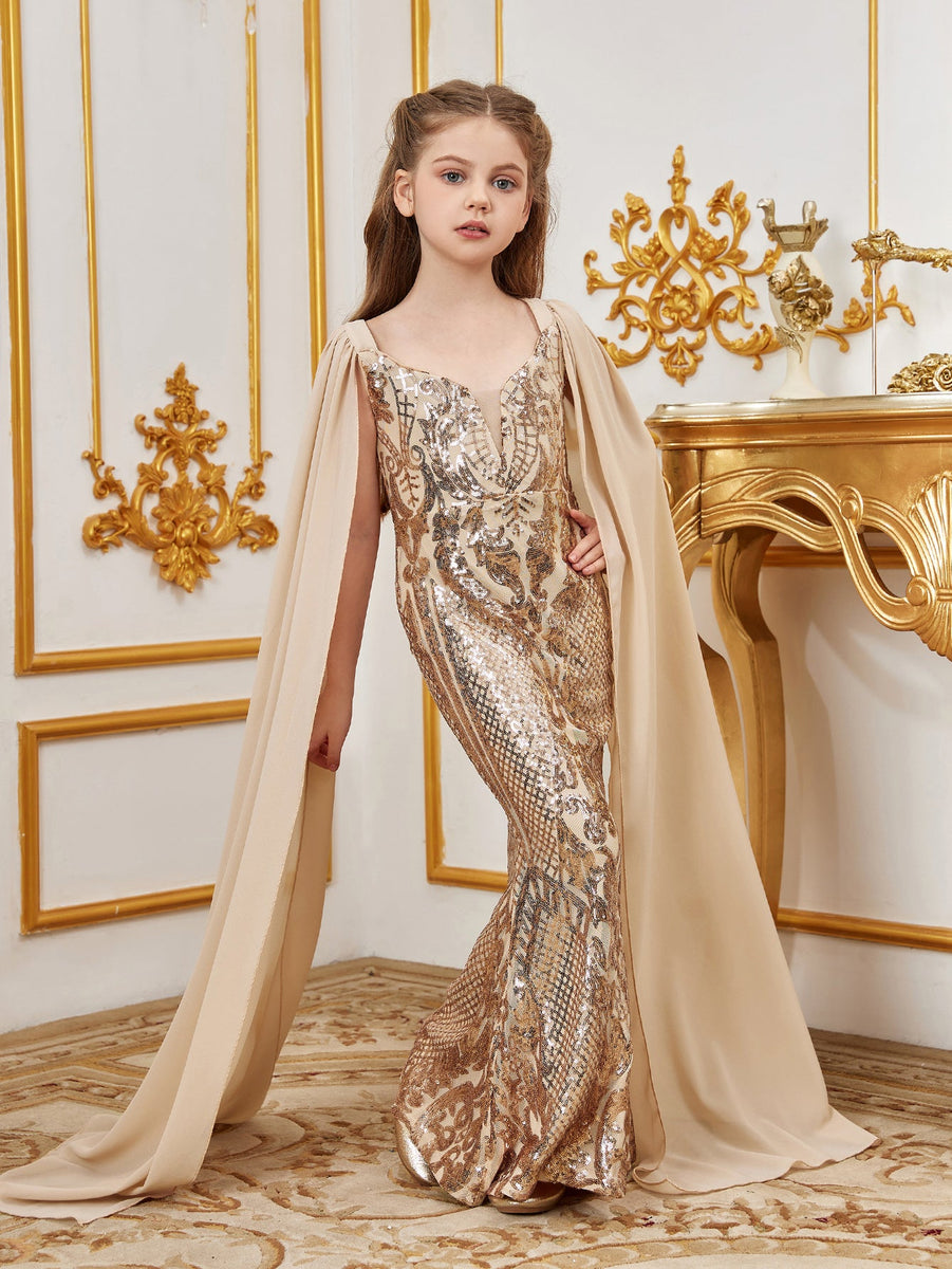 Tween Girls' Sweetheart Neck Cape Sleeves Sequin Mermaid Party Dress ...