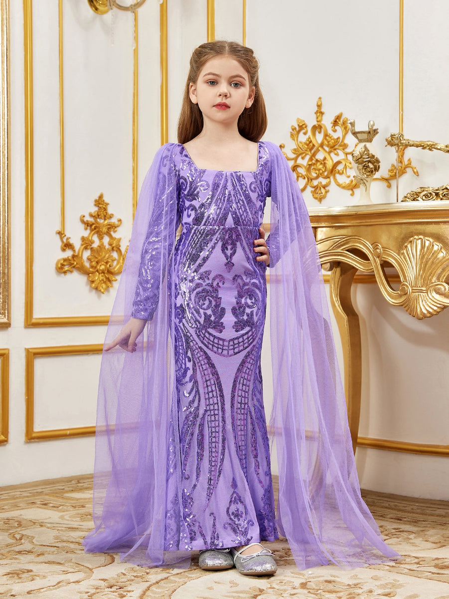 Tween Girls' Squaret Neck Long Sleeves Mermaid Hem Graphic Sequin Par ...