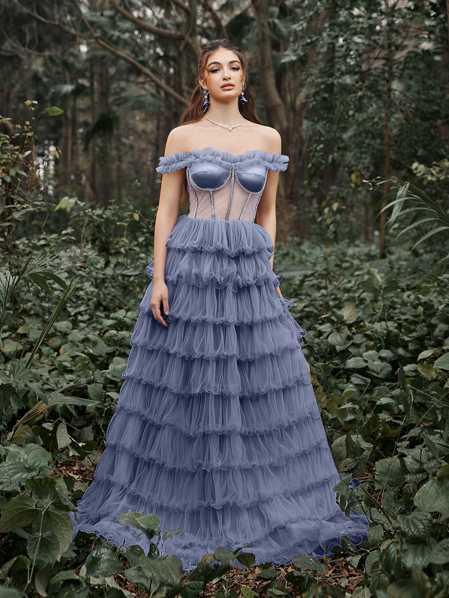 Gorgeous Off Shoulder Sheer Bodice Split Cascading Ruffle Hem Prom Dr ...