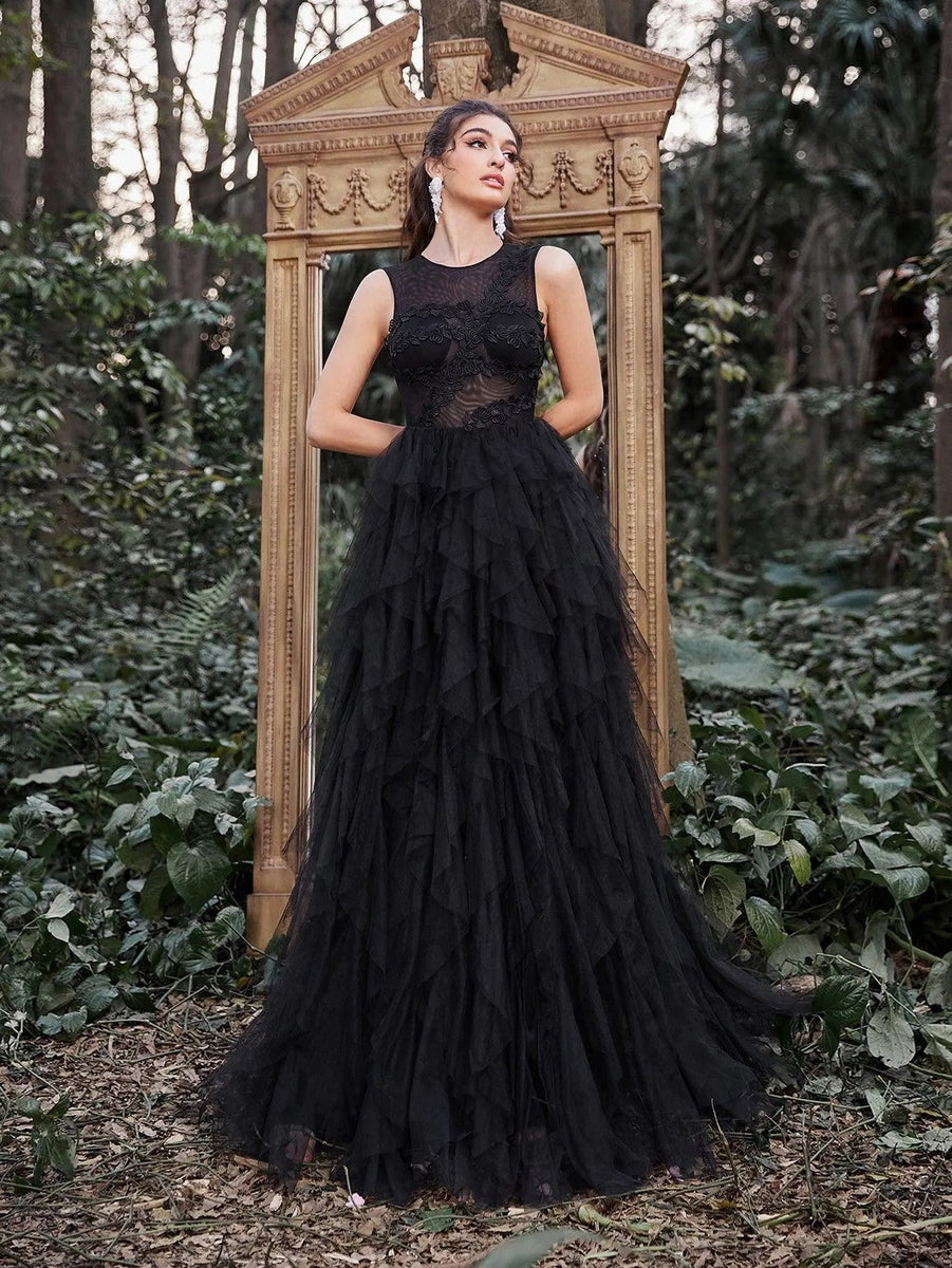 Gorgeous Applique Detail Cascading Ruffle Hem Tulle Prom Dress – Faeriesty