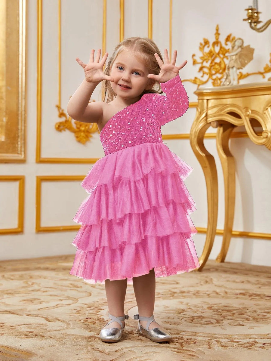 Young Girls' One Shoulder Mesh Lyaered Hem Party Dress – Faeriesty