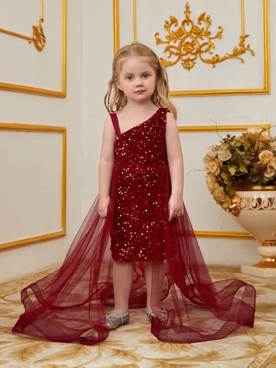 Young Girls' Asymmetrical Neckline Mesh Overlay Sequin Dress – Faeriesty