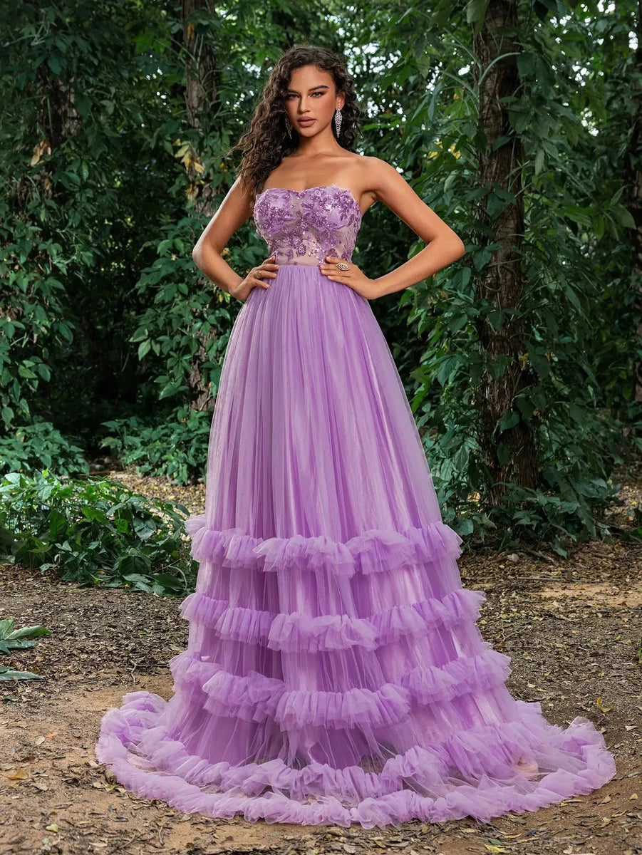 Gorgeous Floral Sequin Bodice Cascading Ruffle Hem Tulle Prom Dress ...