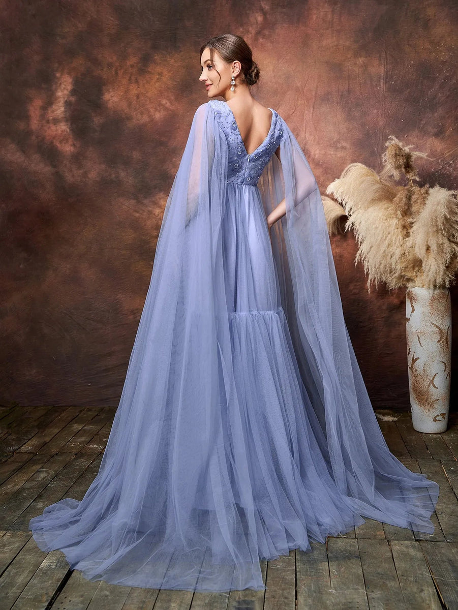 Maternity Plunging Neck Cloak Sleeves Tulle Overlay Party Dress – Faeriesty