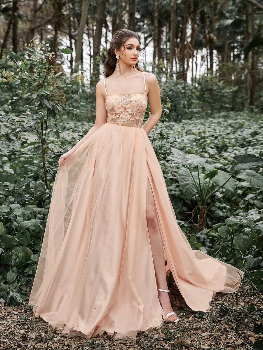 Gorgeous Applique Detail Bodice Lace-Up Back Cami Prom Dress – Faeriesty