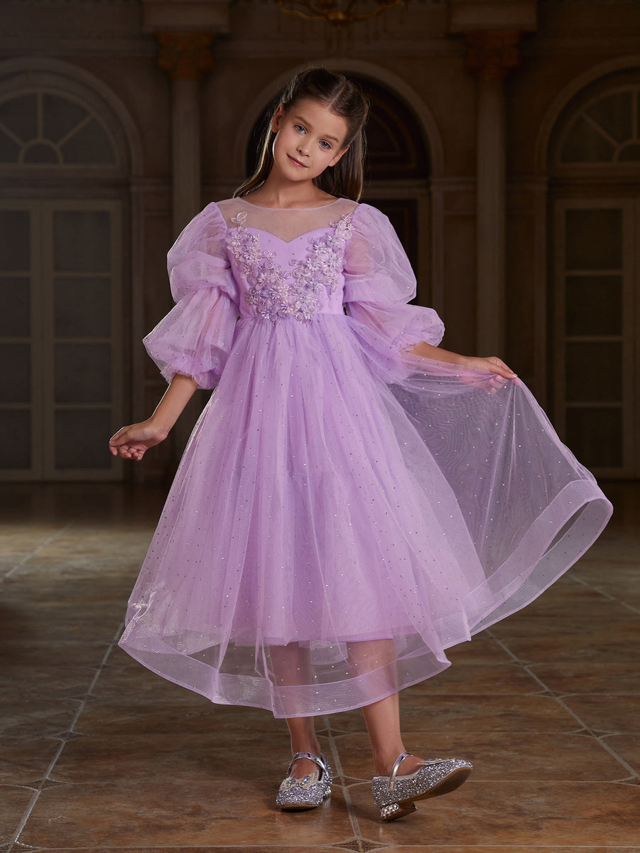 Tween Girls' Applique Detail Puff Sleeve Mesh Prom Dress – Faeriesty