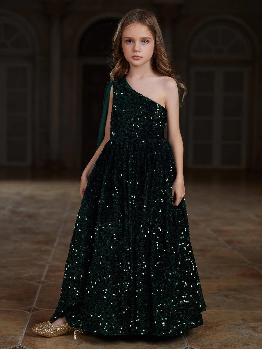 Tween Girls' One Shoulder Draped Side Sequin A-line Dress – Faeriesty