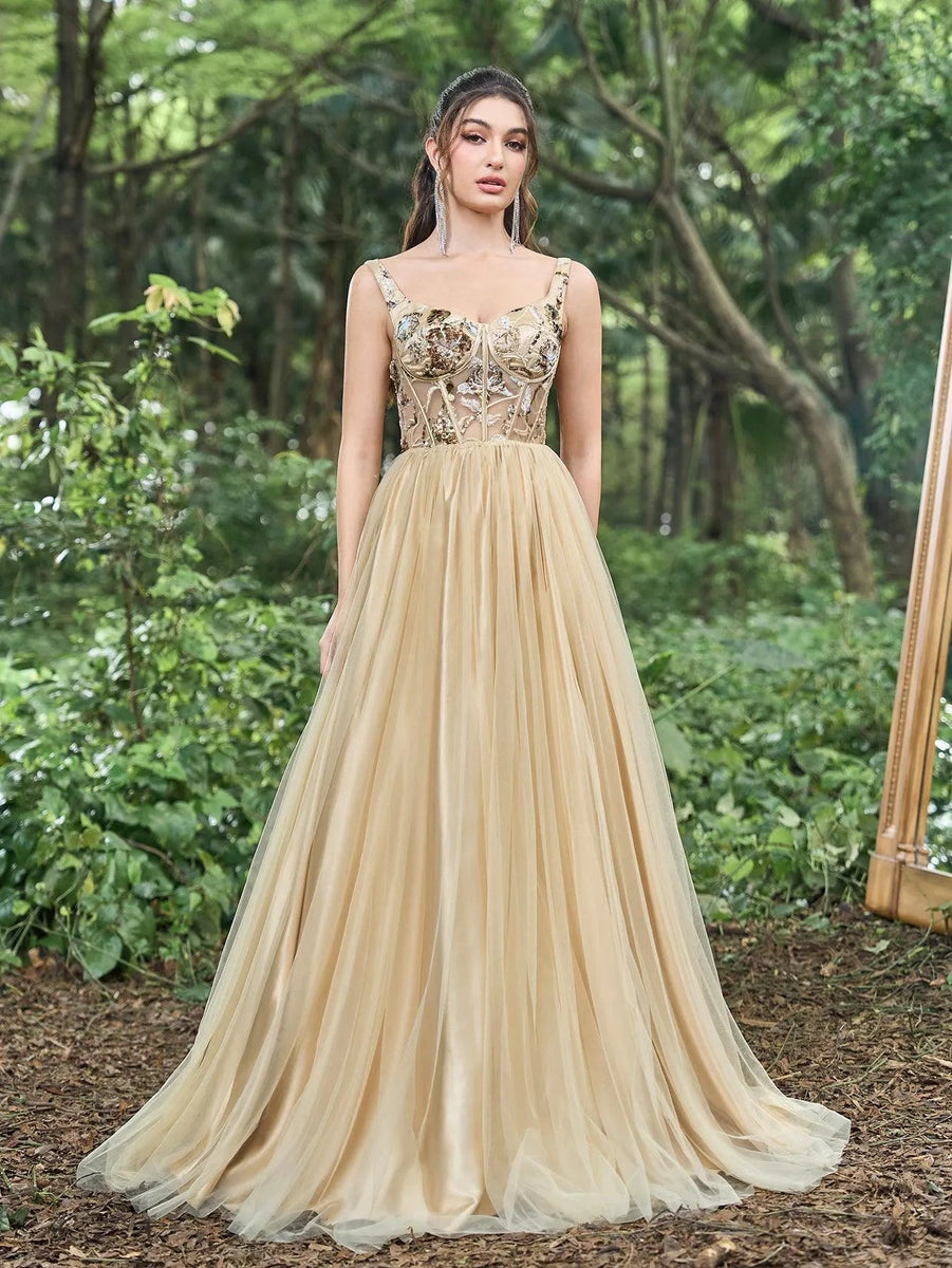 Gorgeous Floral Applique Detail Bodice Contrast Tulle Hem Prom Dress ...