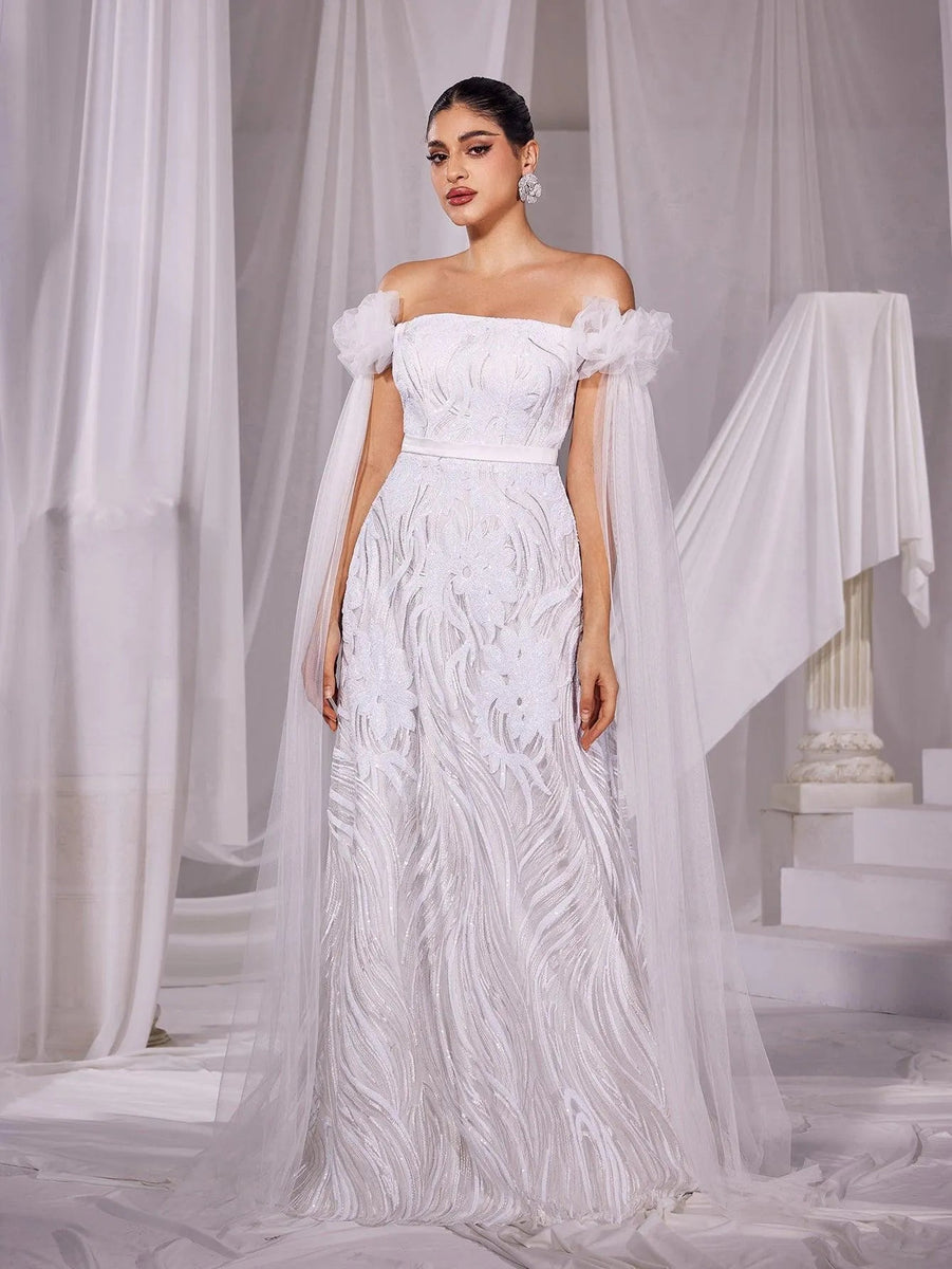 Elegant Off Shoulder Cloak Sleeves Wedding Dress – Faeriesty