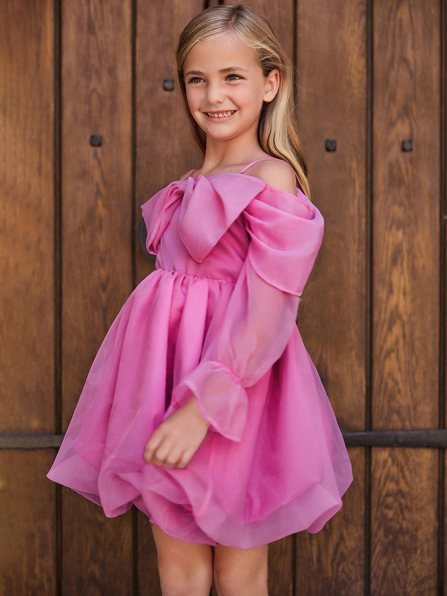Girl's Off Shoulder Bow Front Puff Dress – Faeriesty
