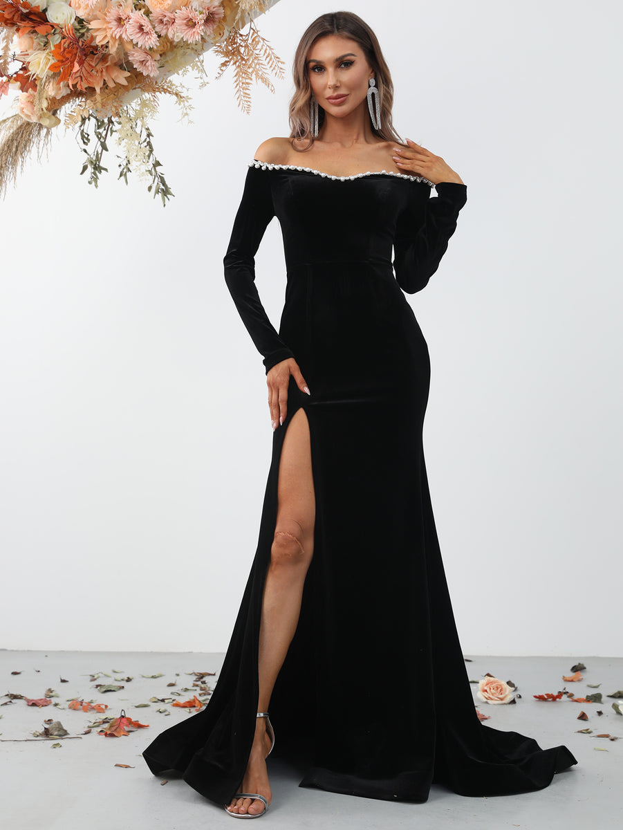 Elegant Off Shoulder Long Sleeve Slit Mermaid Dresses – Faeriesty